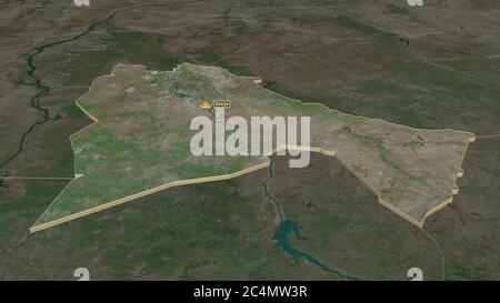 Zoom in on Sennar (state of Sudan) extruded. Oblique perspective ...