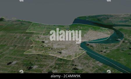 Zoom in on Paramaribo (district of Suriname) outlined. Oblique ...