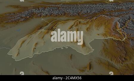 Zoom in on Khatlon (region of Tajikistan) outlined. Oblique perspective ...