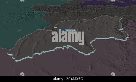 Zoom in on Khatlon (region of Tajikistan) outlined. Oblique perspective ...