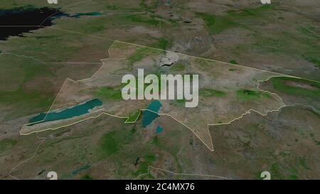 Zoom in on Arusha (region of Tanzania) extruded. Oblique perspective ...