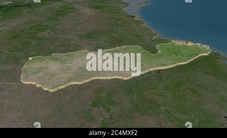 Zoom in on Mtwara (region of Tanzania) extruded. Oblique perspective ...