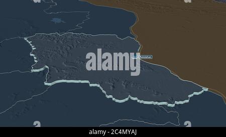 Zoom in on Mukdahan (province of Thailand) outlined. Oblique ...