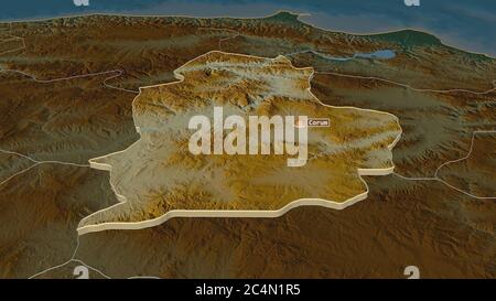 Zoom in on Çorum (province of Turkey) outlined. Oblique perspective ...