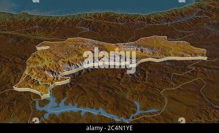 Zoom in on Erzincan (province of Turkey) outlined. Oblique perspective ...