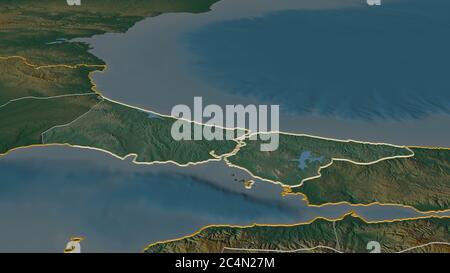 Zoom in on Istanbul (province of Turkey) outlined. Oblique perspective ...