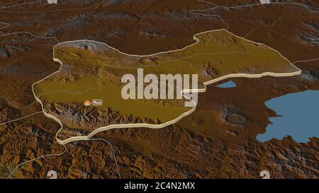 Zoom in on Mus (province of Turkey) outlined. Oblique perspective ...