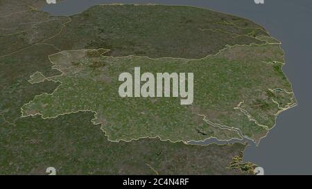Zoom in on Suffolk (administrative county of England) outlined. Oblique ...