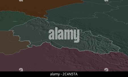 Zoom in on Transcarpathia (region of Ukraine) outlined. Oblique ...