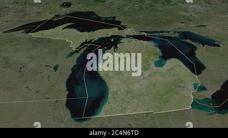 Zoom in on Michigan (state of United States) extruded. Oblique ...