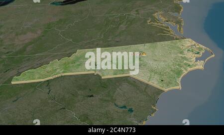 Zoom in on North Carolina (state of United States) outlined. Oblique ...