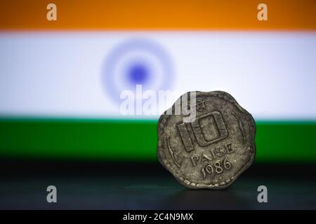 Indian currency - Indian twenty Paisa coin rupee isolated on india flag ...