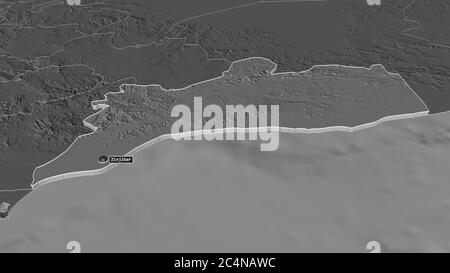 Zoom in on Abyan (governorate of Yemen) outlined. Oblique perspective ...