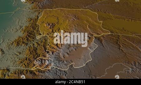 Zoom in on Amran (governorate of Yemen) extruded. Oblique perspective ...