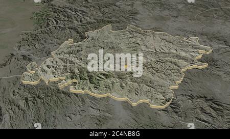 Zoom in on Ibb (governorate of Yemen) outlined. Oblique perspective ...