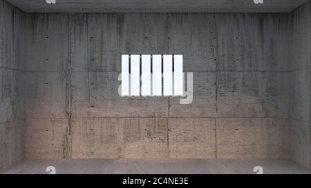 Prison interior. Jail bars and lock with a key, cells and corridor ...