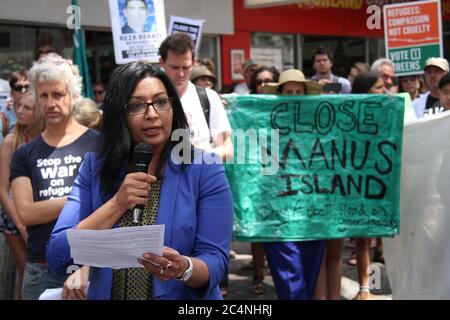 Greens Senator Mehreen Faruqi speaks during the rally. Thousands of ...