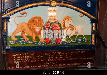HMS Victory Coat of Arms & the ship's particulars painted on a timber ...