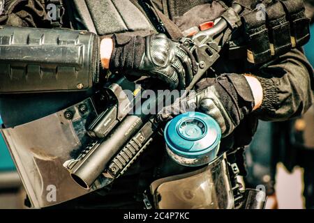 Closeup of the equipment of the special riot force of the French ...