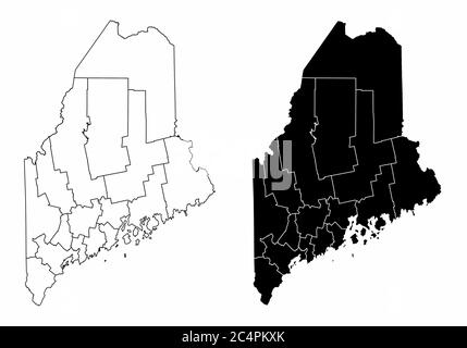 Maine ME state Maps. Black outline map isolated on a white background ...