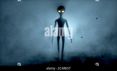 Scary gray alien walks and looks blinking on a dark smoky background ...