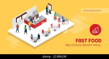 Fast food self service restaurant isometric interior composition with ...
