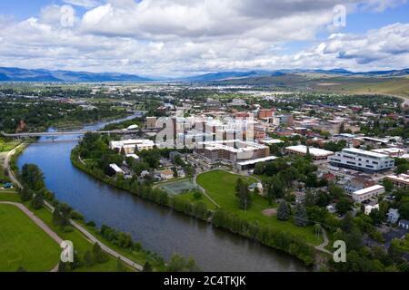 Aerial view of downtown Missoula, Montana with the Clark Fork River ...