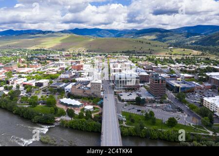 Aerial view of downtown Missoula, Montana with the Clark Fork River ...