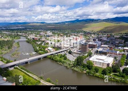 Aerial view of downtown Missoula, Montana with the Clark Fork River ...
