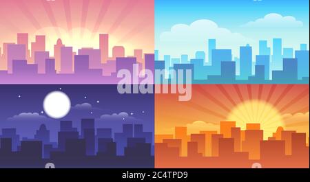 Daytime cityscape. Morning, day and night city skyline landscape, town ...