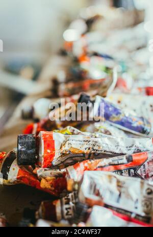 Colorful paint tubes on a table with paints used for face art Stock ...