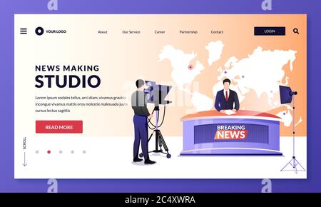 Tv news studio, television broadcast room interior with round table and ...