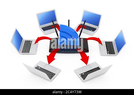 Modern WiFi Router with Glowing Red Signal Arrows on a white background ...