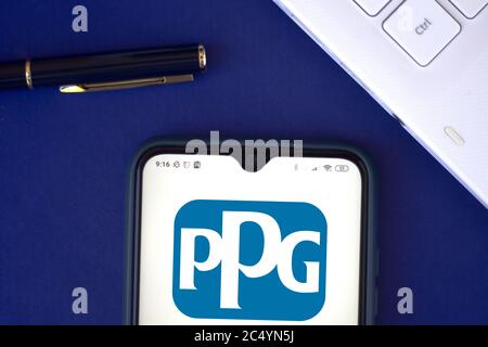 In this photo illustration, PPG Industries logo seen on a smartphone ...
