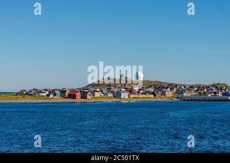 View of Vardö with the Globus II radar station, snow, Vardöya Island ...