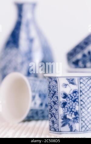 Blue and white patterned Japanese sake set Stock Photo - Alamy