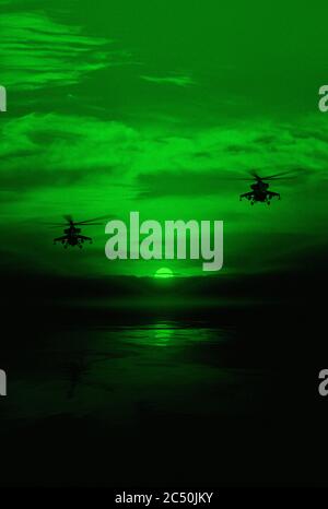 Combat helicopter against the moonlit sky, the view through a night ...