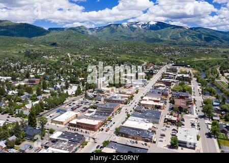 Aerial View of Downtown Steamboat Springs, Colorado, in the spring ...