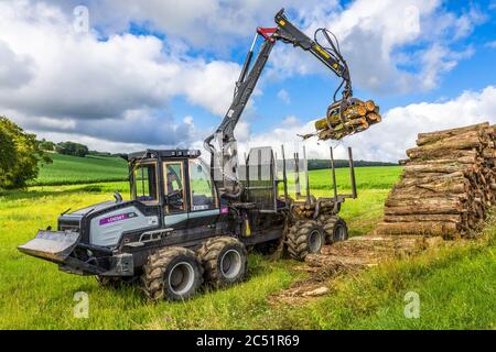 Logset 6F GT all-terrain 'forwarder' machine bringing logs from forest ...