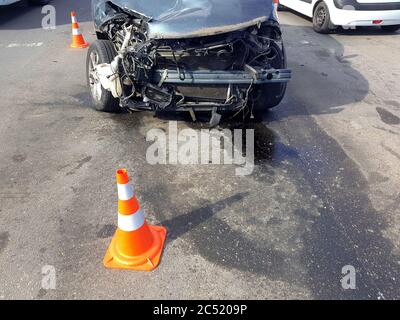 broken suv car after a front collision damaged engine compartment of ...