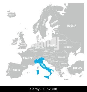Italy marked by blue in grey World political map. Vector illustration ...