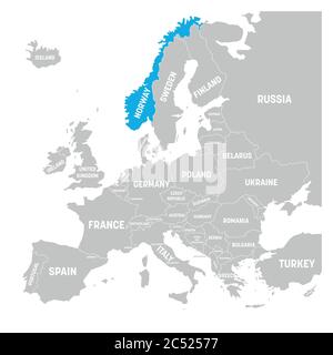 Norway marked by blue in grey World political map. Vector illustration ...