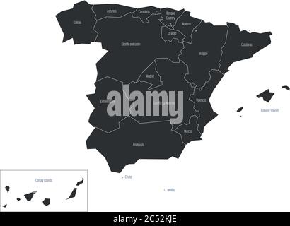 Map of Spain devided to 17 administrative autonomous communities. Simple thin black outline on ...