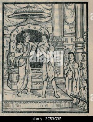 Indra welcome Arjuna to Swarga Stock Photo - Alamy