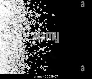 Spilled white sea salt on a black background. clear crystalline pebbles ...