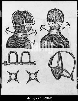 Iron mask, collar, leg shackles and spurs used to restrict slaves. A ...