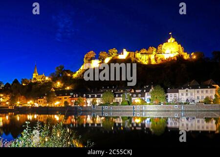 Evangelical church and castle ruins, Saarburg, Saar Valley, Rhineland ...