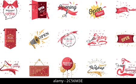 welcome and open day detailed style icon set design of Store shop ...