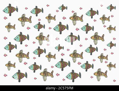 Childs drawing multicolor fish pattern on white background Stock Photo ...