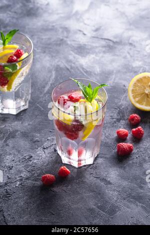 Citrus fruits, berries and mint on light color background. Pattern for ...